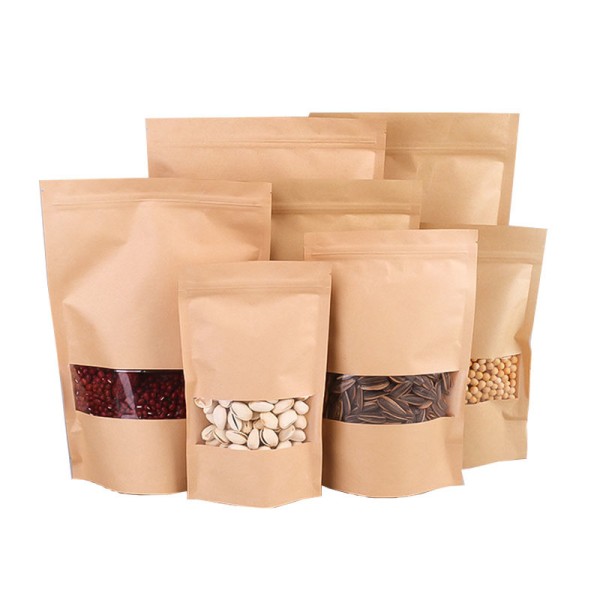 Quality Custom Biodegradable Brown Stand Up Pouches With Zipper And Window For Food Packaging for sale