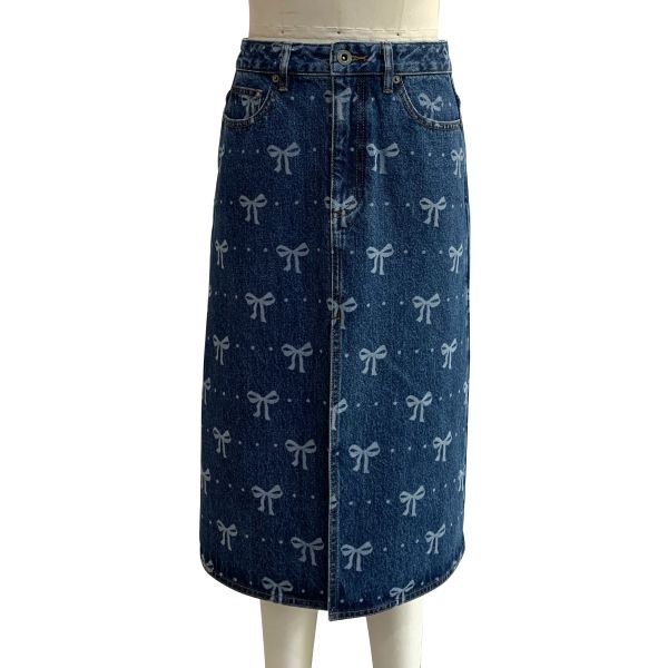 Quality All Over Bow Print Long Denim Skirt For A Playful And Feminine Design for sale