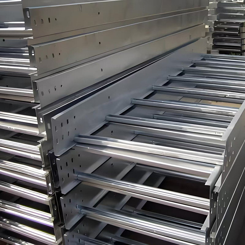 Close-up view of galvanized ladder cable tray construction