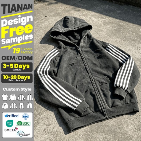 Quality Brand Custom Zip up Hoodies Oversized Heavyweight Acid Wash Distressed Boxy Stripe Hoodies for Men High Quality Cotton for sale