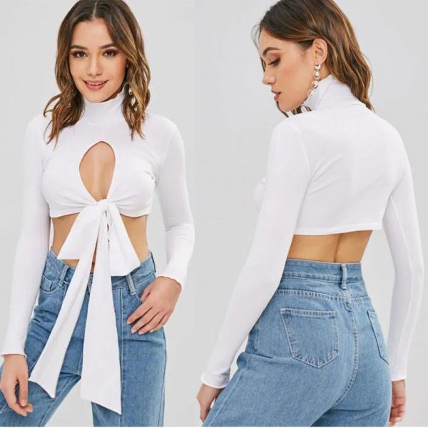 Quality Fitness Clothing Women Cutout Turtleneck Tie Crop Top for sale