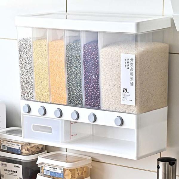 Quality Transparent Wall Mounted 6 Grid Cereal Dispenser With Measuring Cup for sale