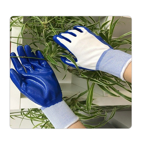 Quality Electromobile And Bicycle Maintenance White Polyester Knit Blue Nitrile Gloves for sale