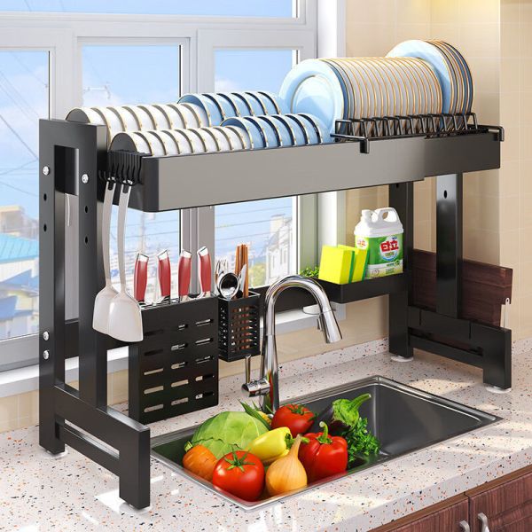 Quality OEM Metal Kitchen Sink Dish Rack 60kg Load Capacity 2 Tier Dish Drying Rack for sale