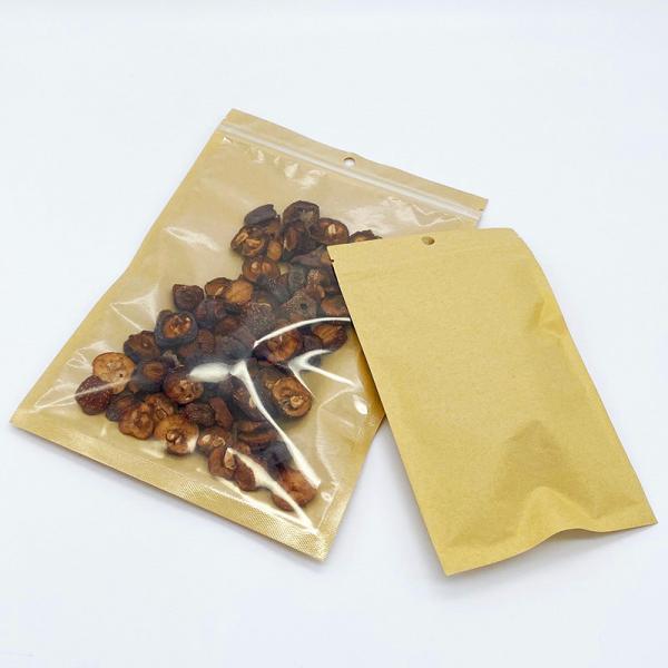 Quality Eco Friendly Front Side Transparent Clear Window 3 Side Seal Flat Pouch With Zipper Back Brown for sale