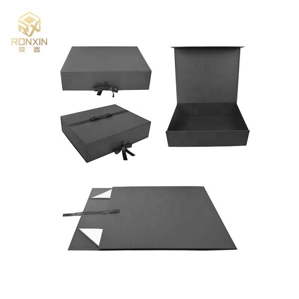 Quality Luxury Rectangular Paperboard Foldable Gift Boxes With Ribbon Black for sale