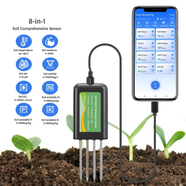 Quality Smart 8-in-1 Soil NPK EC PH Temperature Moisture Sensor USB Multi-Parameter Analyzer For Precision Farming for sale