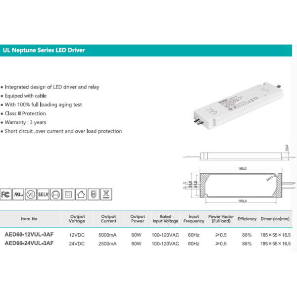 60W UL LED Power Supply technical specifications