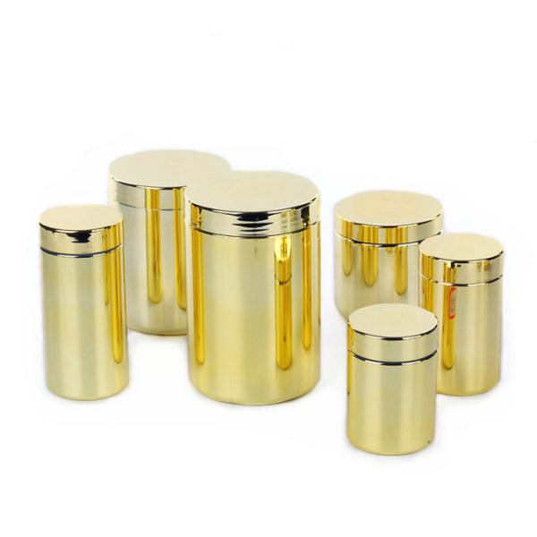 Quality Shiny Plastic Powder Canister Metalized Chrome Sports Nutrition Container 300ml for sale