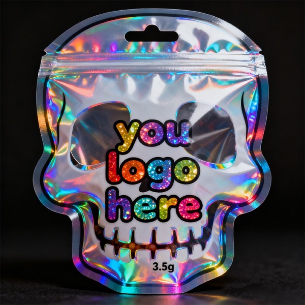 Quality 3.5g Custom Shaped Holographic Mylar Bags with Eye Windows | PE AL Plastic Die Cut Reusable Zipper Smell Proof Pouch for Snacks Edibles OEM Factory for sale
