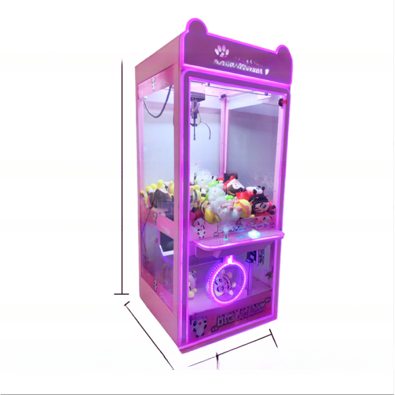 Front view of pink claw machine with LED lighting