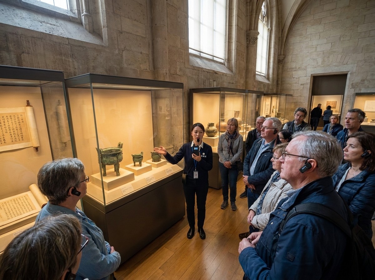 Guide leading a museum tour using a wireless tour guide system