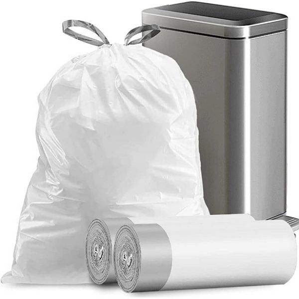 Quality 8 Gallon Beige Drawstring Kitchen Trash Bags Plastic White Clear Surface for sale