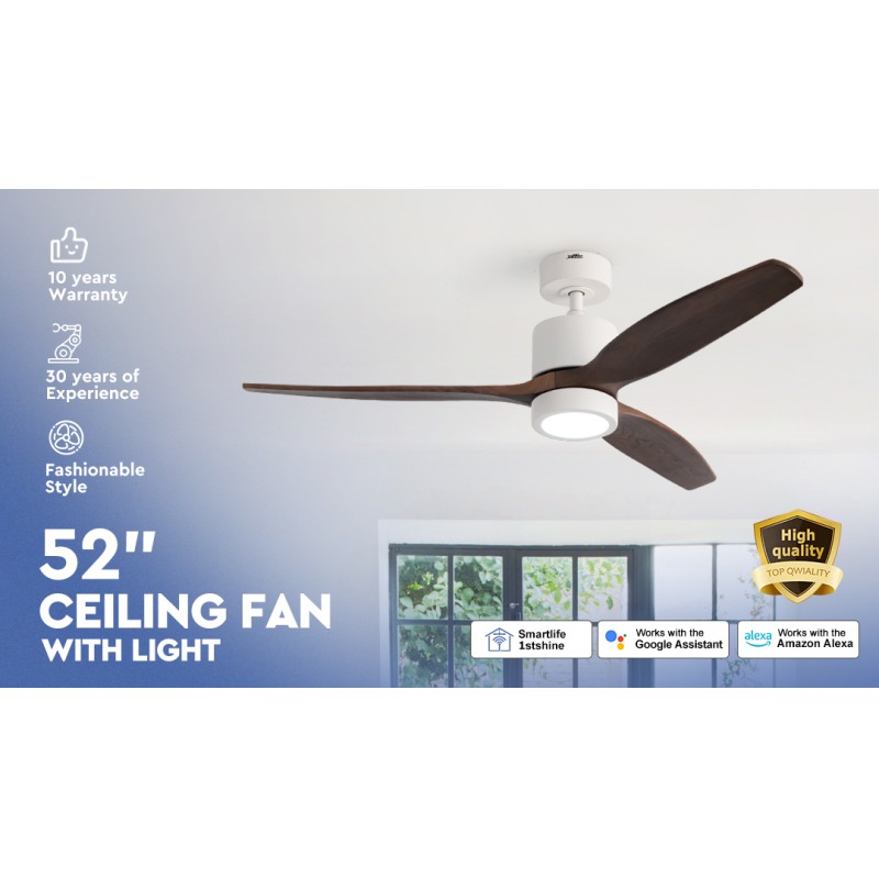 52-inch decorative ceiling fan with wooden blades and LED light