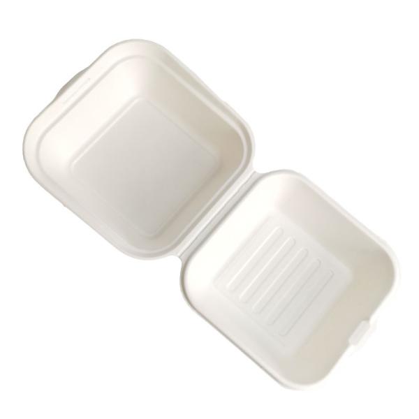 Quality Virgin 21g Disposable Hamburger Clamshell Box Sugarcane Bagasse Takeaway Boxes for sale