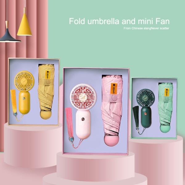 Quality Pongee Umbrella Box 5 Folding Pocket Umbrella Mini Fan and Custom Logo Women Gift Box for sale