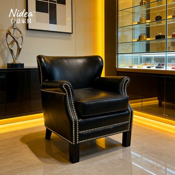 Quality Modern Black Leather Ergonomic Accent Chair Minimalist Single Armchair Design Silver Nailhead Trim Office Living Room Club Bar for sale