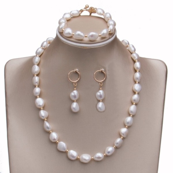 Quality Freshwater Necklace Baroque Pearls Natural Women 10mm Jewelry Sets Gold Plated Opp Bag Wholesale Stainless Steel Jewelry Sets for sale