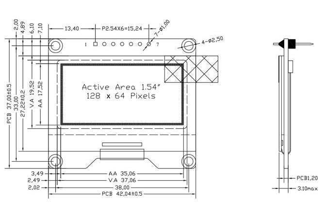 Technical drawing of 1.54 inch OLED display module dimensions and specifications