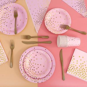 Quality 2023 Gold Polka Dots on Pink Background Disposable Paper Dinnerware Sets for for sale