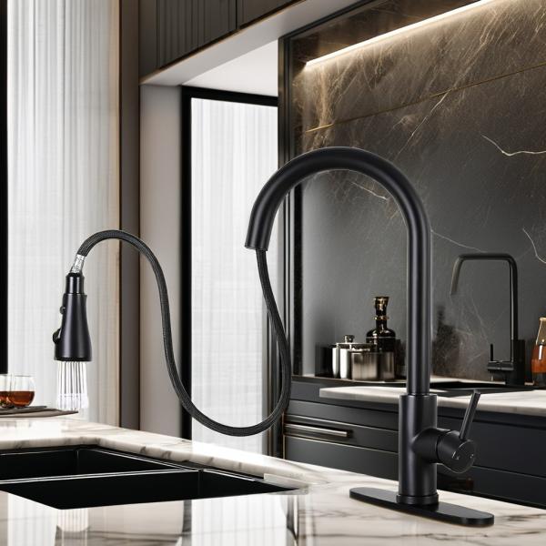 Quality Matte Black Kitchen Faucet with Pull-Down Sprayer and Contemporary Style Brass for sale