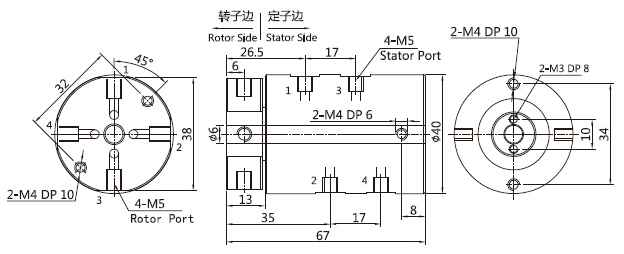 3004004 series 3004004 Series M5 4 Passage Pnuematic/+Electric Hybridry Rotary Unions slip ring Drawing 