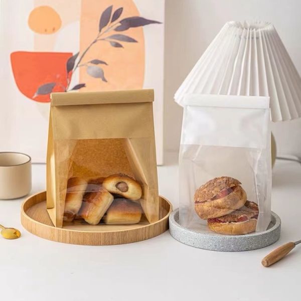 Quality Custom Size and Logo Bakery Paper Packaging Bag Bread Loaf Bagel Toast Brown Bakery Bread Paper Bags Kraft Paper Window Bag for sale