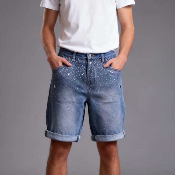 Quality Streetwear Acid Wash Rhinestone Raw Edge Hem Denim Plus Size Shorts Custom Jeans Knee Length Tech Fleece Jorts Shorts for Men for sale