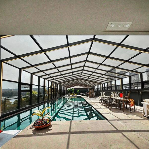 Quality Automatic Retractable Sliding Glass Enclosure for Outdoor Garden Pool Villa Sunroom Cover Flat Molding Ground for Hotels Parks for sale