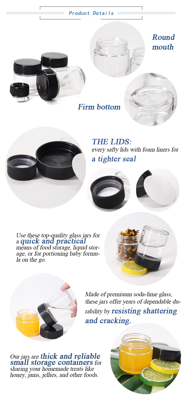 5g 40g 80g 110g Straight Sided Child Proof Glass Jar Special Food Storage Jar with Black Plastic Children Resistant Lid