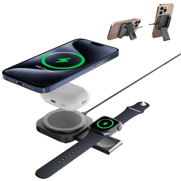 Quality 2-In-1 Travel Portable Magnetic Wireless Charger Desktop Office Compact Folding  Phone Holder For  Mobile Phone For Watch For Headphone Fast Charging for sale