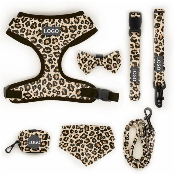 Quality Polyester Leopard Print Pet Harness Sets Logo Adjustable Collar Leash Mesh Dog Harness for sale