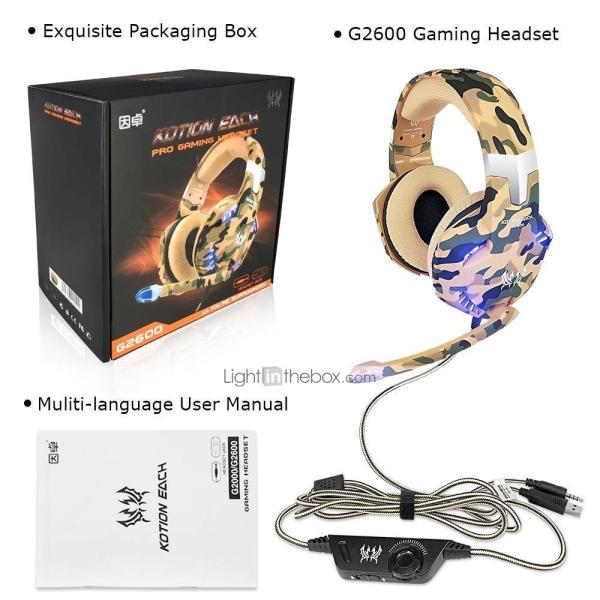 Quality Kotion Each G2600 50mm 2.2m Camouflage Gaming Headset for sale