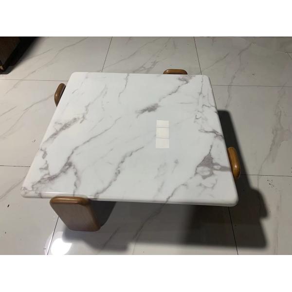 Quality indoor Square Carrara White Marble Coffee Table with White Wax Solid wood Legs for sale