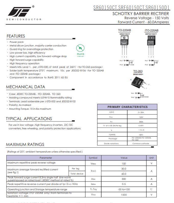 SR60150CT 150C/60A Schottky Barrier Rectifier Diode with TO-220AB