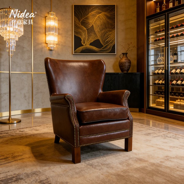 Quality Vintage Mahogany Leather Wingback Chair Classic British Single Armchair with Nailhead Trim for Office & Cigar Lounge for sale
