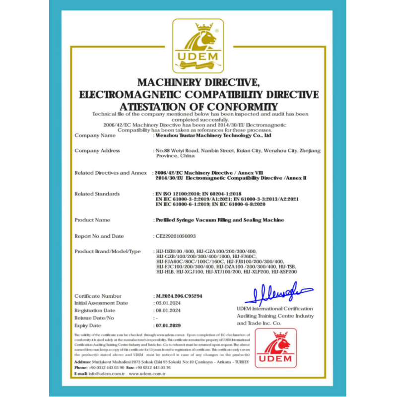 Machine certification and quality standards documentation