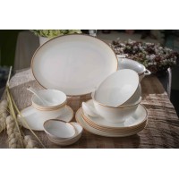 Quality 45pcs Gold Rim Fine Porcelain 43% Bone China Lace Dinner Set for sale