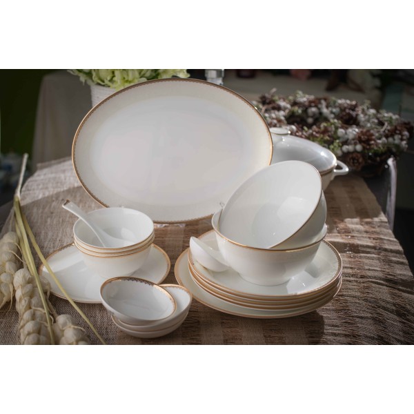 Quality 45pcs Gold Rim Fine Porcelain 43% Bone China Lace Dinner Set for sale