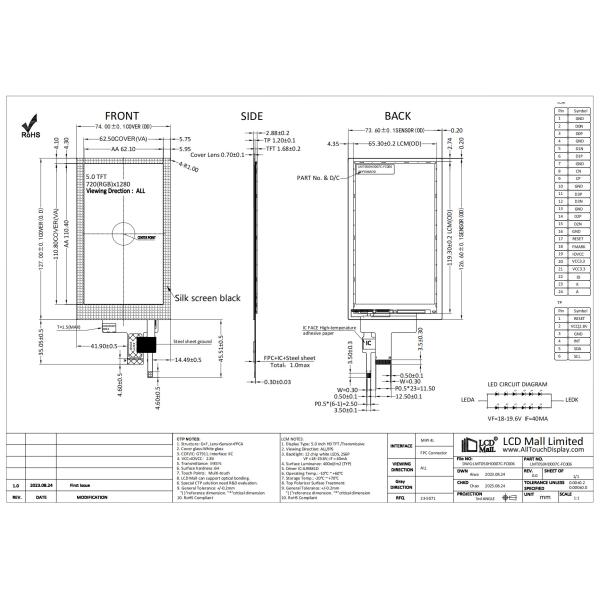Quality 400cd/M2 24pin 5 Inch HD TFT LCD With CTP Display Screen MIPI 4L Interface for sale
