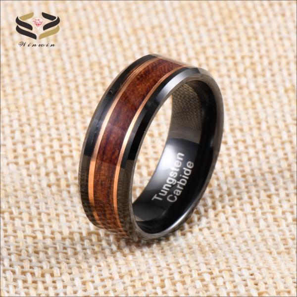 Quality 8mm Rose Gold Line and Rosewood Inlay Black Tungsten Carbide Men's Wedding Ring with Third Party Appraisal Certificate for sale