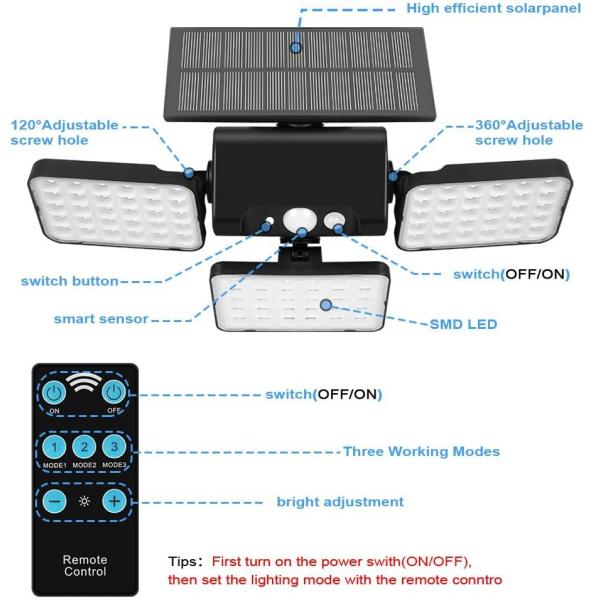 Quality Adjustable Heads 1000lm 260Pcs LED Solar Motion Sensor Wall Light Outdoor for sale