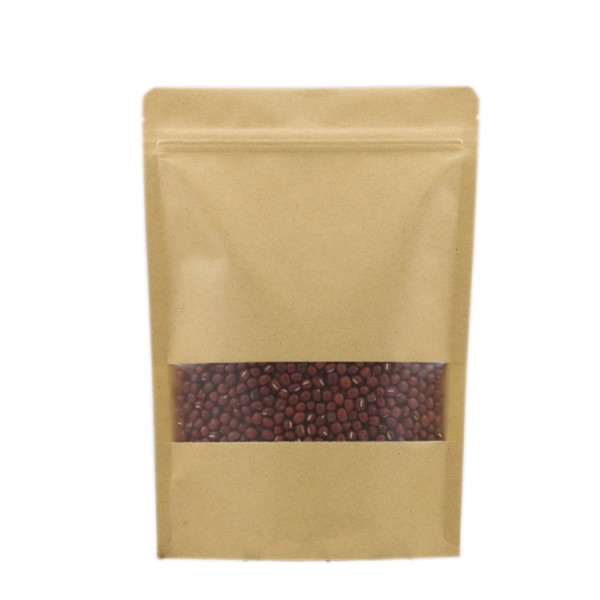 Quality Premium Brown Standing Zipper Pouches Plastic Food Packaging Bags Clear Window Kraft Craft Paper Bags for sale