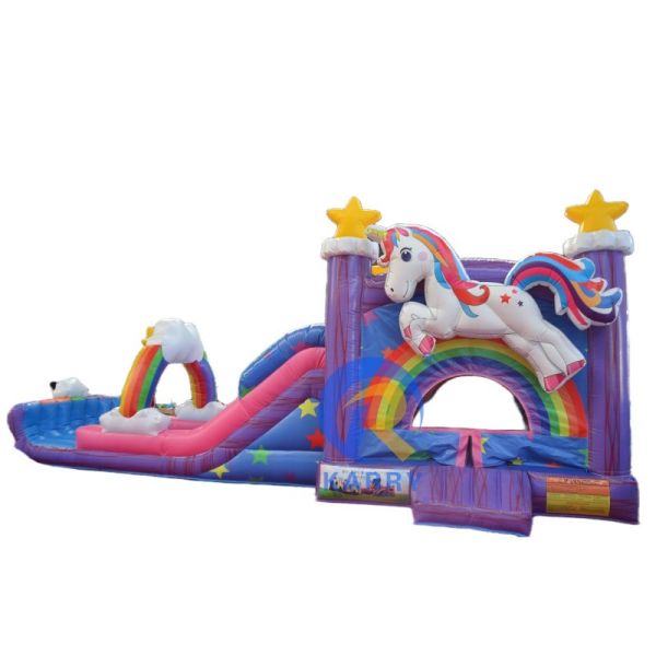Quality PVC Rainbow Unicorn Inflatable Bouncer House with Inflatable Pool Slide and 3 in for sale