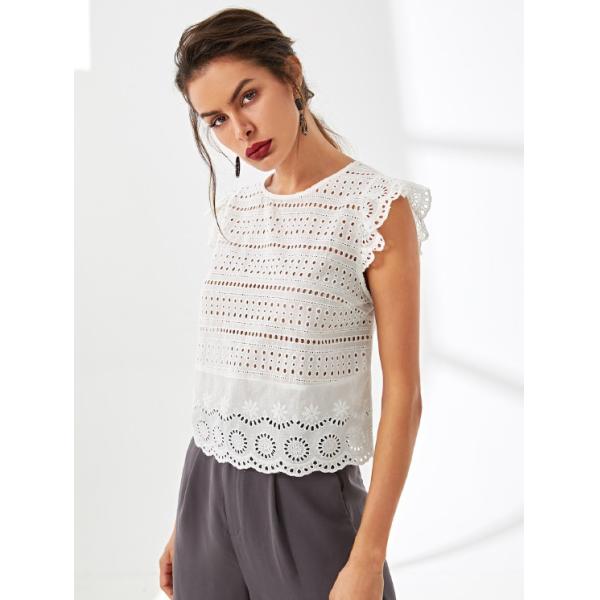 Quality Summer latest women white blouse styles with petal sleeve for sale