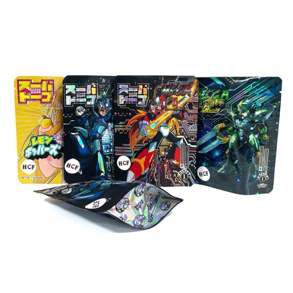 Quality Custom Child Resistant 3.5g Mylar Bags | Holographic Bottom Gusset Stand Up Zipper Pouch for 3.5g 7g Flower Herbs Packaging Food Grade OEM ODM Manufacturer for sale