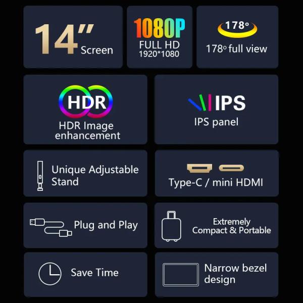 Quality 14Inch IPS Portable LCD Monitor hdmi For Laptop USB C Extender Dual Screen for sale