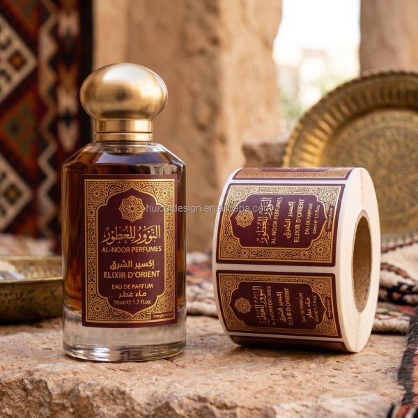 Quality Custom Arabic Perfume Labels Textured Paper Gold Stamping Cosmetic Bottle Stickers for sale