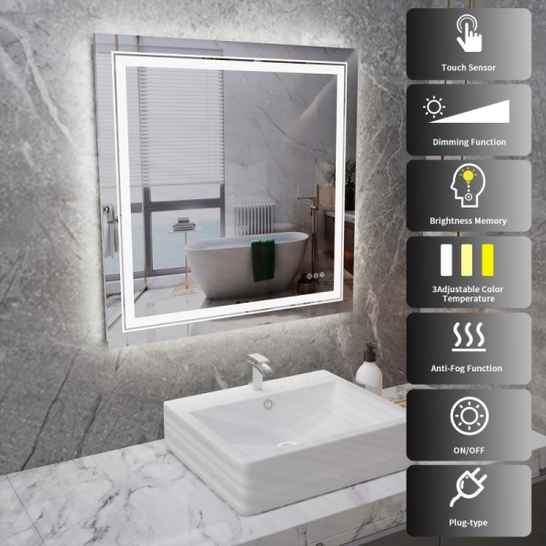 Quality 36 Inch LED Square Mirror IP44 Bathroom Mirrors With Lights for sale