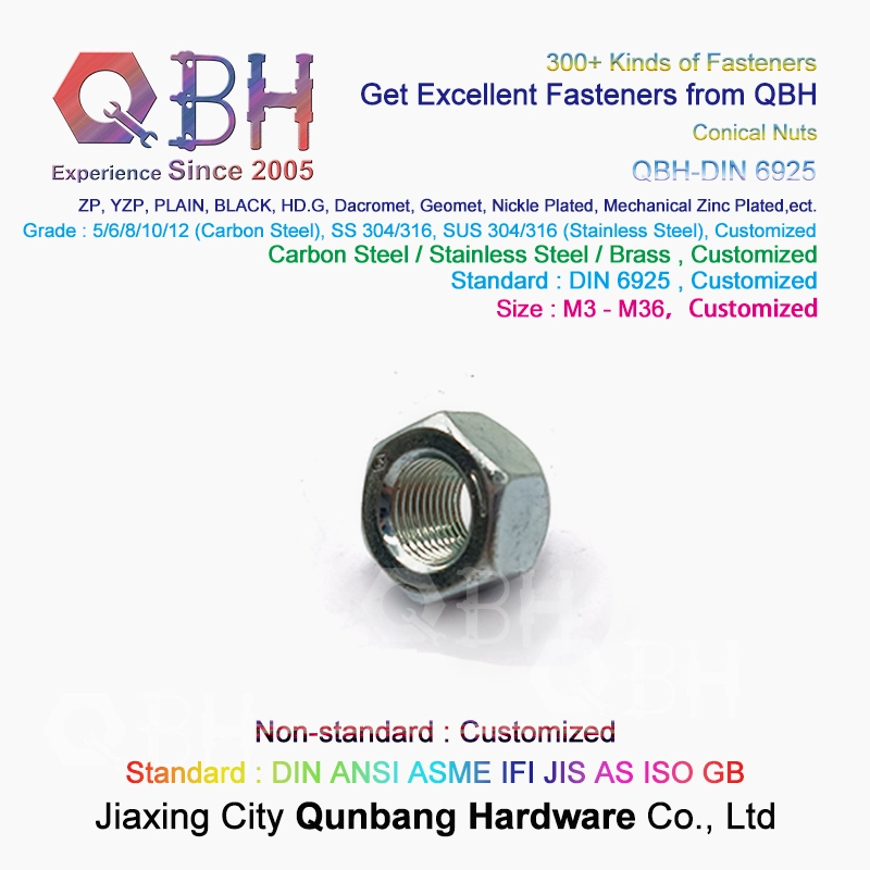 Qbh DIN6925 M3-M36 DIN 6925 Plain Black Yellow Blue Zinc Nickle Plated Hot DIP Galvanizing Dacr*Met Ge*Met Chrome Plating Wheel Hub Lock Hex Conical Nuts